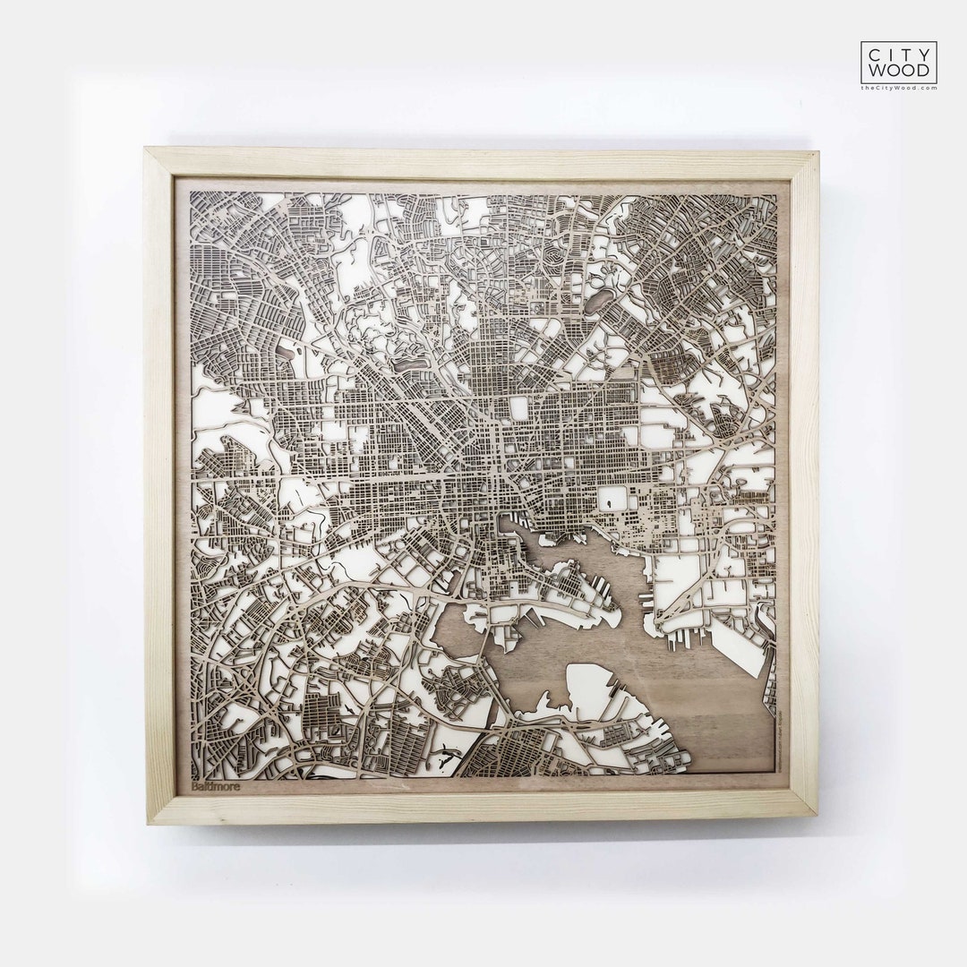 Baltimore Wooden Map - Pinewood Laser Cut Streets City Maps 3d Framed ...