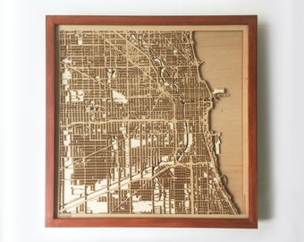 Chicago Wooden Map Walnut Laser Cut Wood Streets City Maps | Etsy