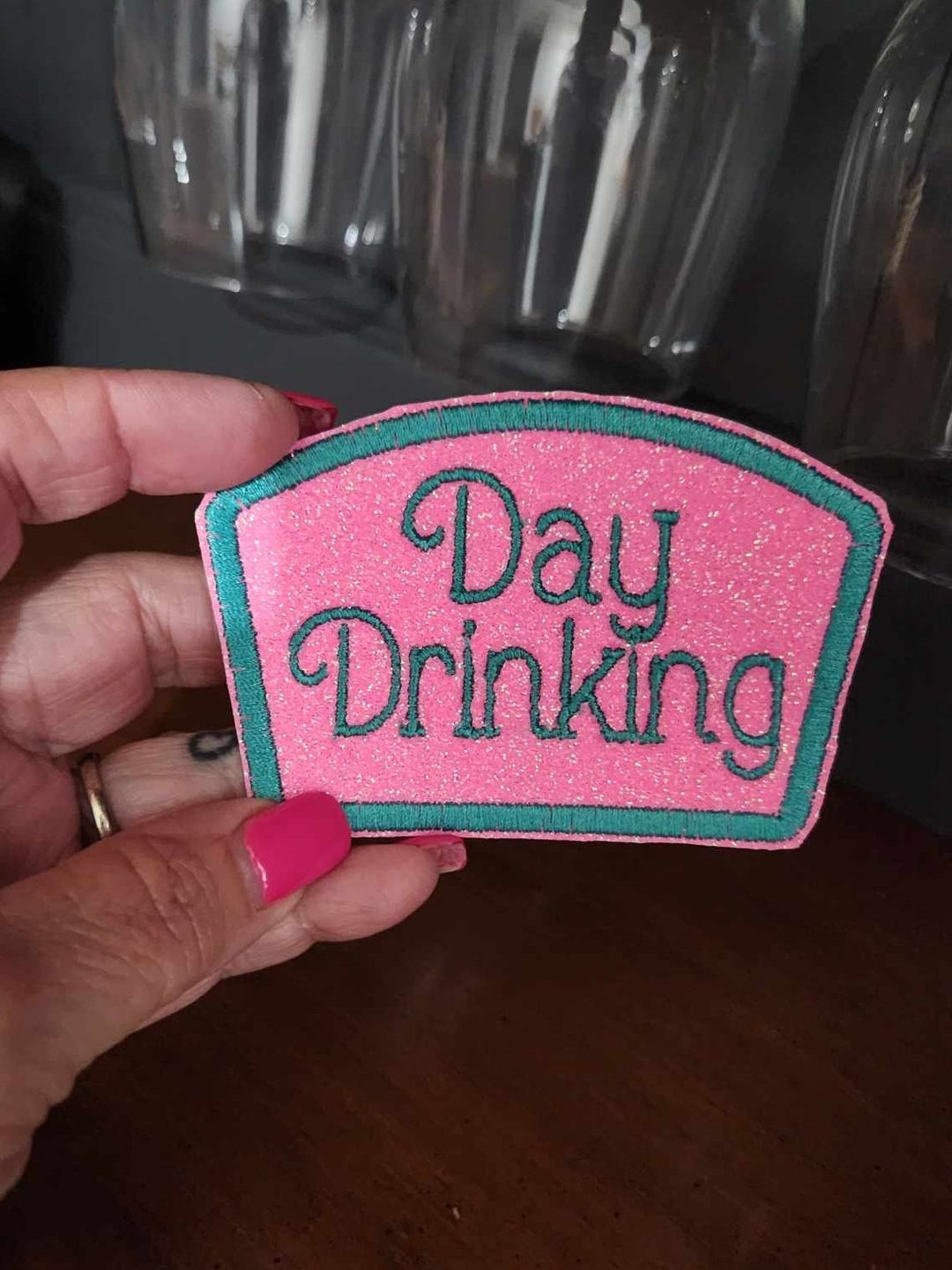 Day Drinking Iron on Patch | Glitter Background With Embroidered ...