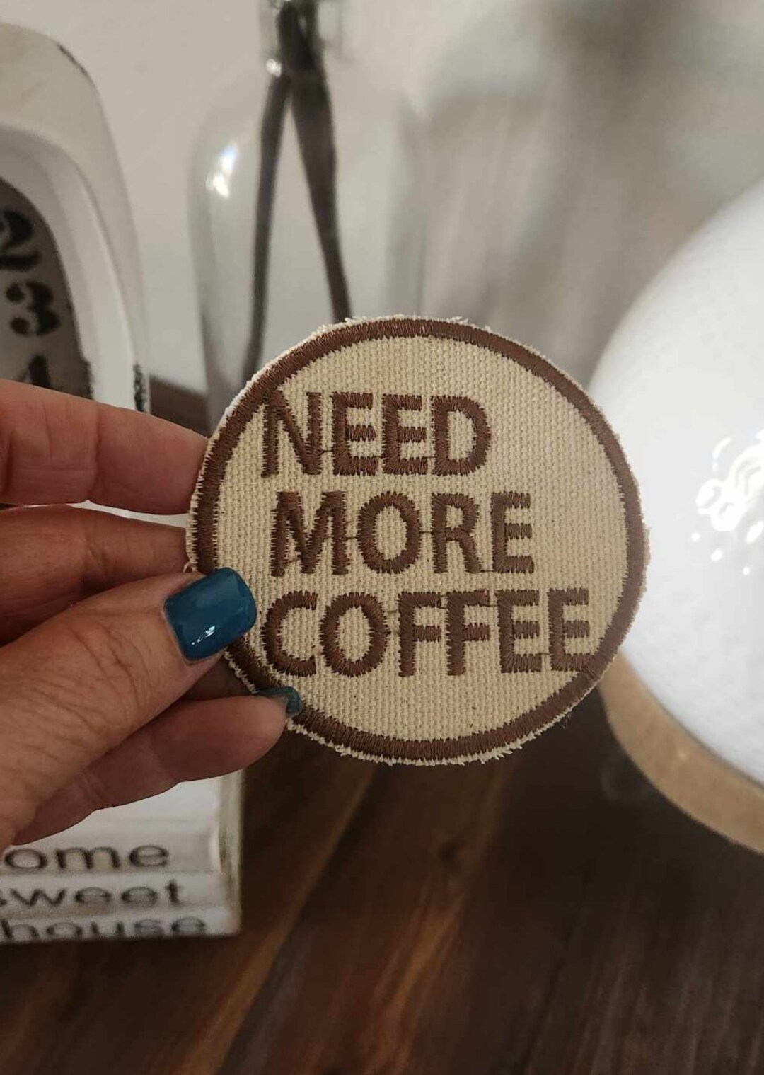 Need More Coffee Iron on Patch | Canvas Background With Embroidered Stitching - Etsy