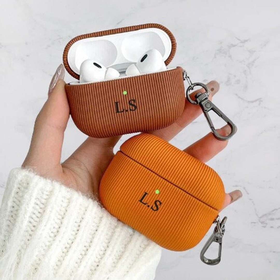 Personalized Engraved Initials Monogram Stripe Leather AirPod Case ...