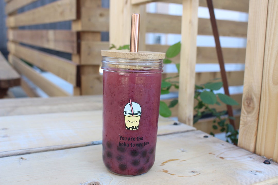 Reusable Bubble Tea Cup Bamboo Lid With Bevel Cut Stainless Steel Straw ...