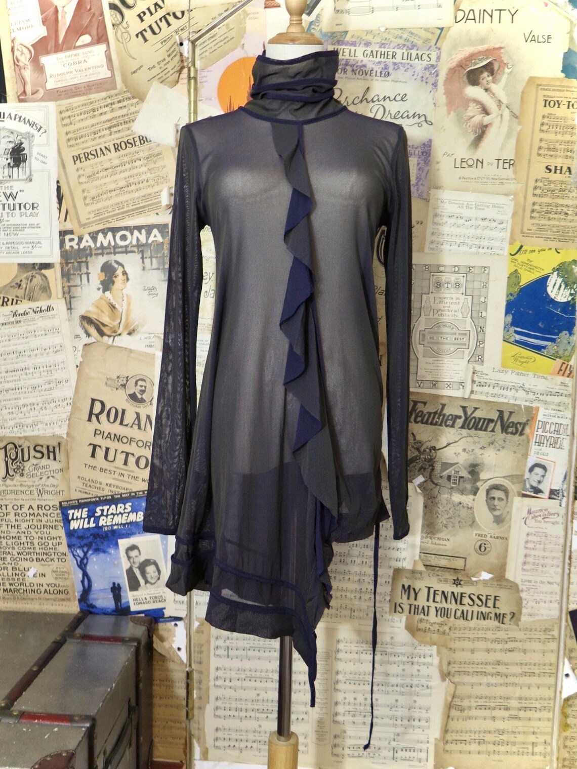 M/L Y2K Cop Copine Vintage Goth Coquette Mesh See Through Asymmetric ...