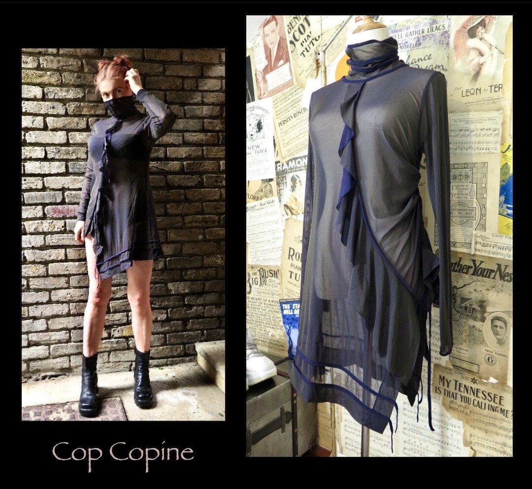 M/L Y2K Cop Copine Vintage Goth Coquette Mesh See Through Asymmetric ...