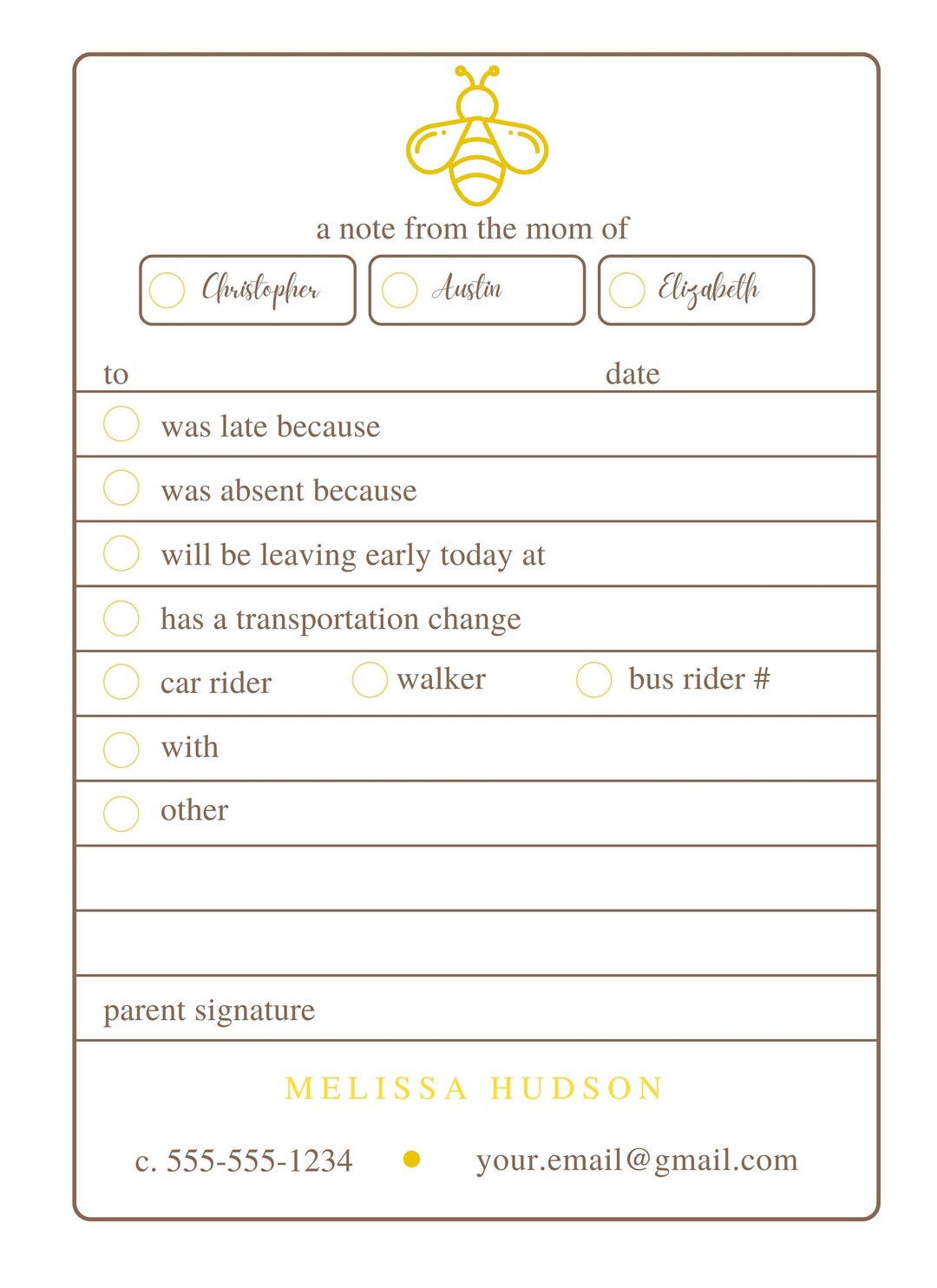 Busy Bee Editable Digital Template School Note. Personalize Your Info ...