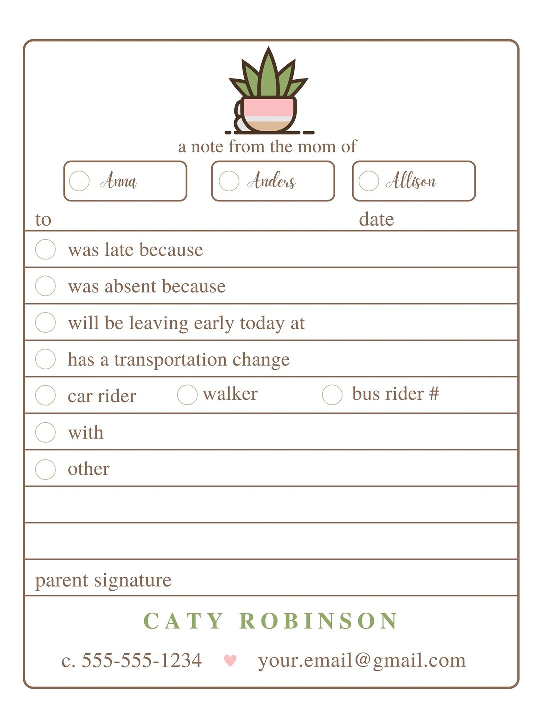 Succulent Garden Editable Digital Template School Note. Personalize ...