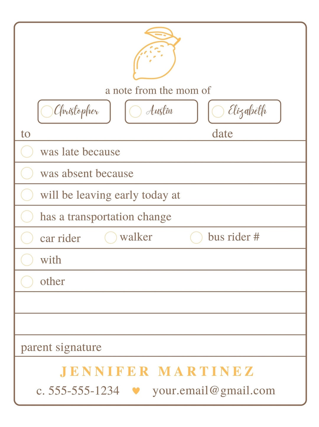 Lemon Drop Editable Digital Template School Note. Personalize Your Info ...