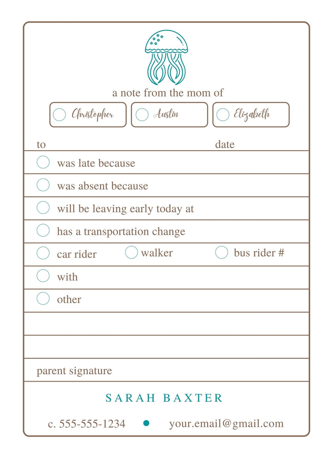 Jellyfish Editable Digital Template School Note. Personalize Your Info ...