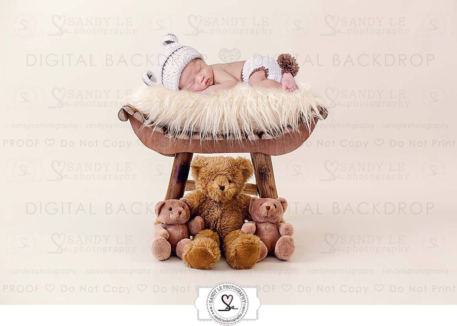 Newborn Digital Backdrop - Curved Natural Wood Bench With Teddy Bears ...
