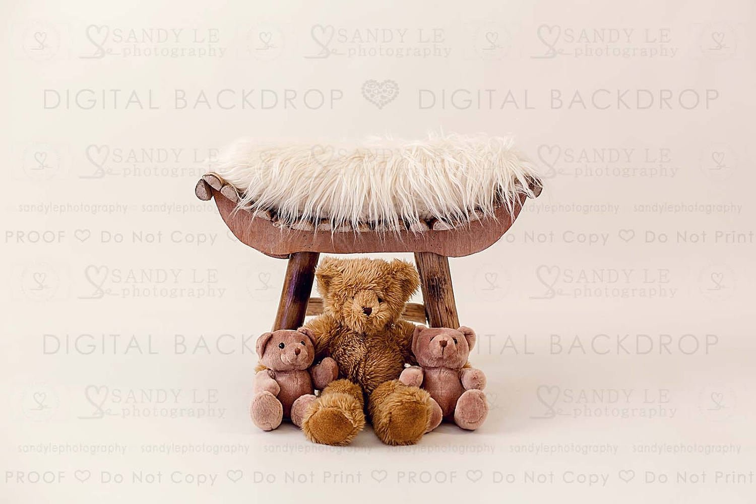 Newborn Digital Backdrop - Curved Natural Wood Bench With Teddy Bears ...