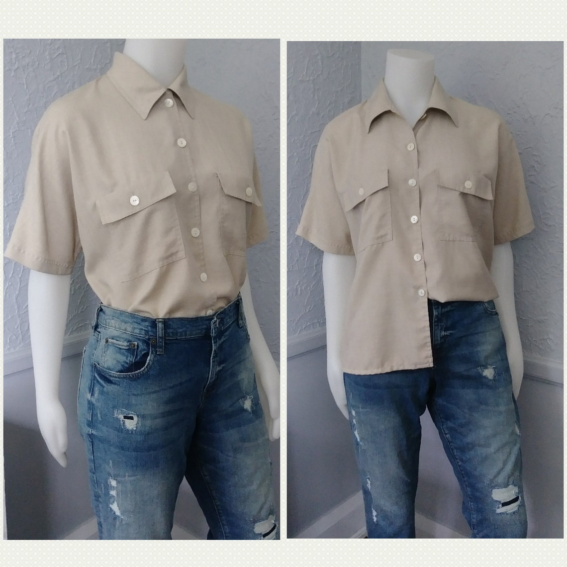 Vintage Beige Button up Shirt by Jaeger - Collared, Front Pockets ...