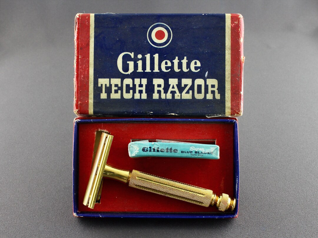 Vintage 1940s Gillette Tech Gold Double Edge Safety Razor and Blades in ...
