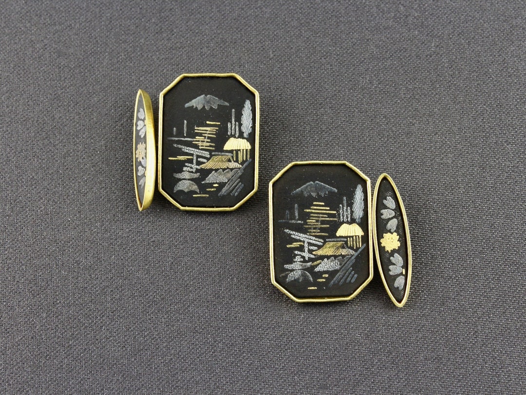 Vintage Amita Japanese Damascene Mt Fuji Pagoda and Scenery Rectangular ...