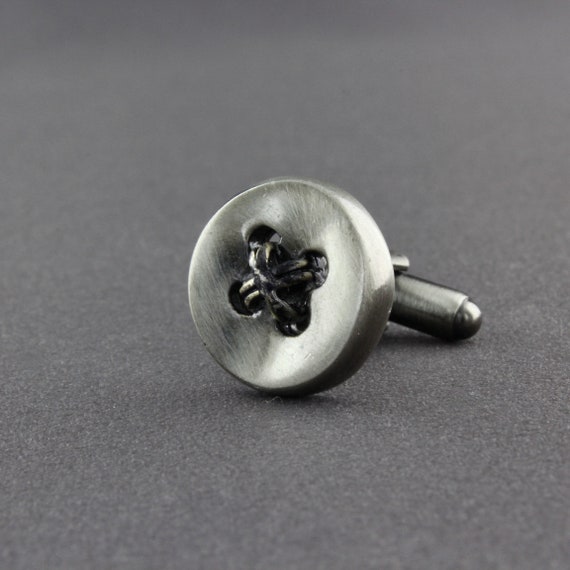 Vintage Pewter Colored Button Design Cufflinks - Gem