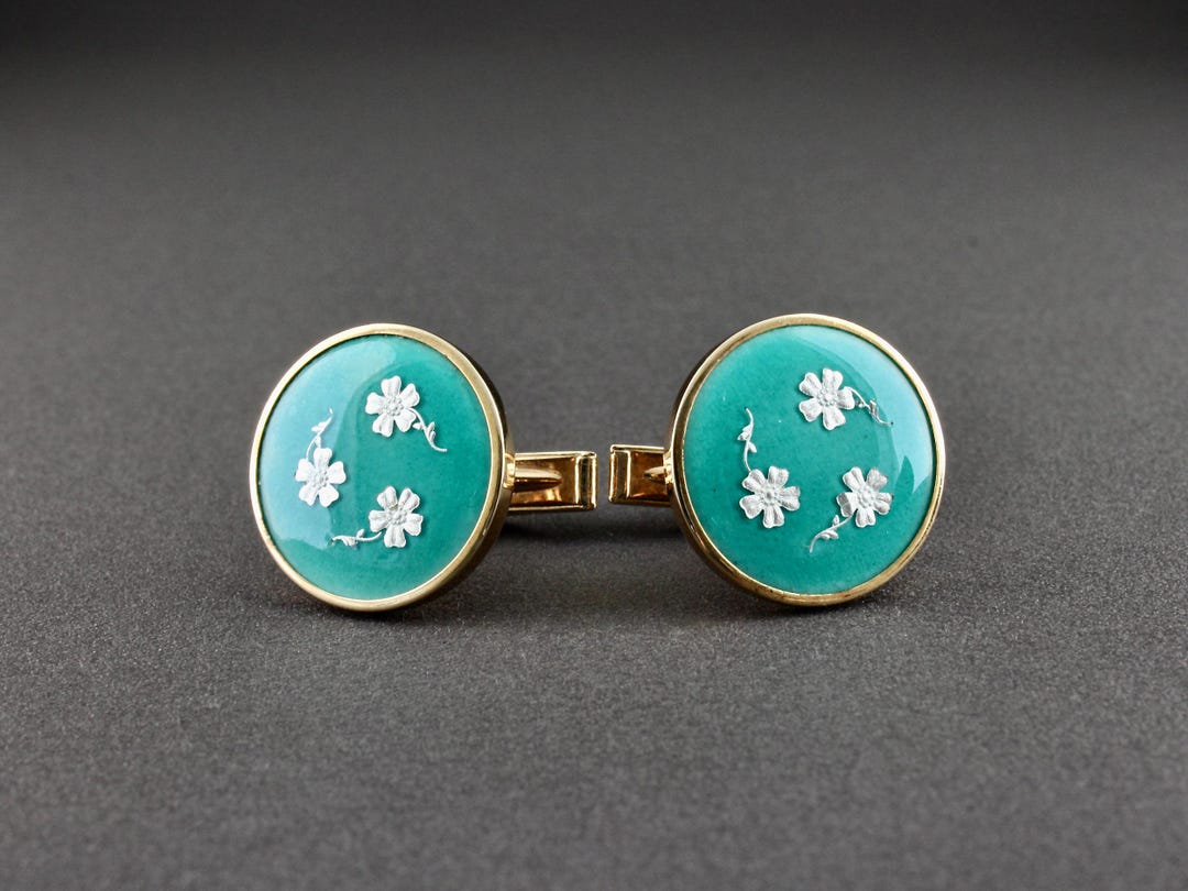Vintage Large Teal Blue Enamel With Silver Flowers Round Cufflinks - Etsy