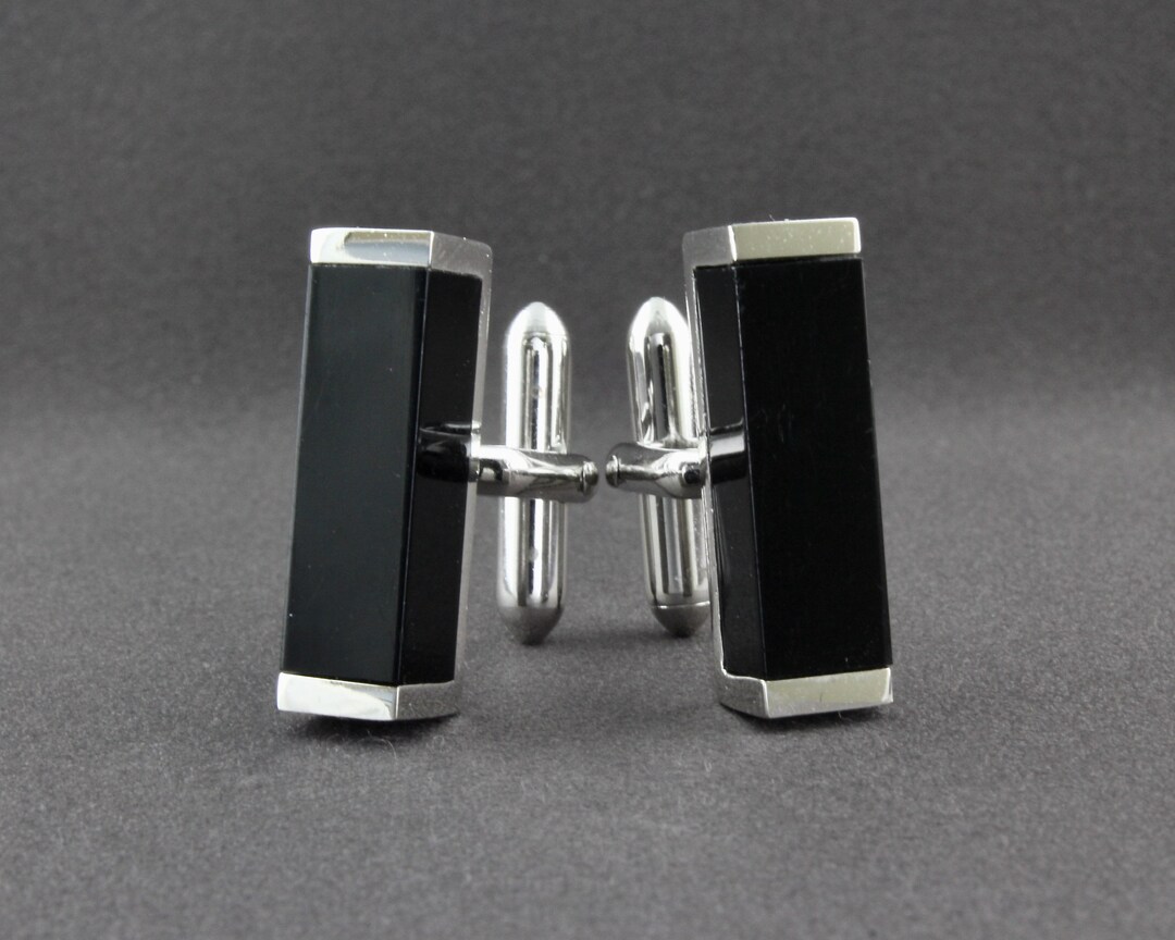 Vintage Swank Shiny Silver Tone and Black Lucite Long Rectangular Bar ...