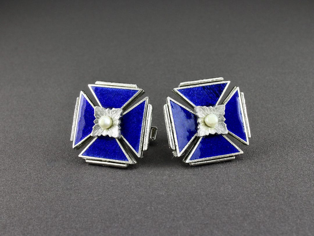 Vintage Blue Guilloche Enamel Iron Cross Shiny Silver Tone Large ...