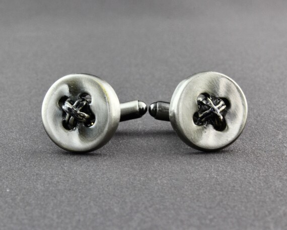 Vintage Pewter Colored Button Design Cufflinks - Gem