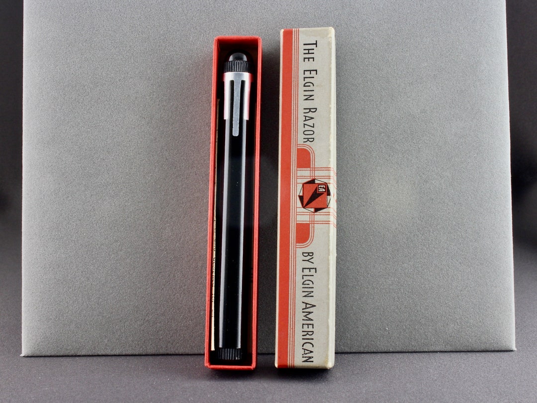 Vintage 1930s Elgin Art Deco Black Pen Style Silver Single Edge Safety ...
