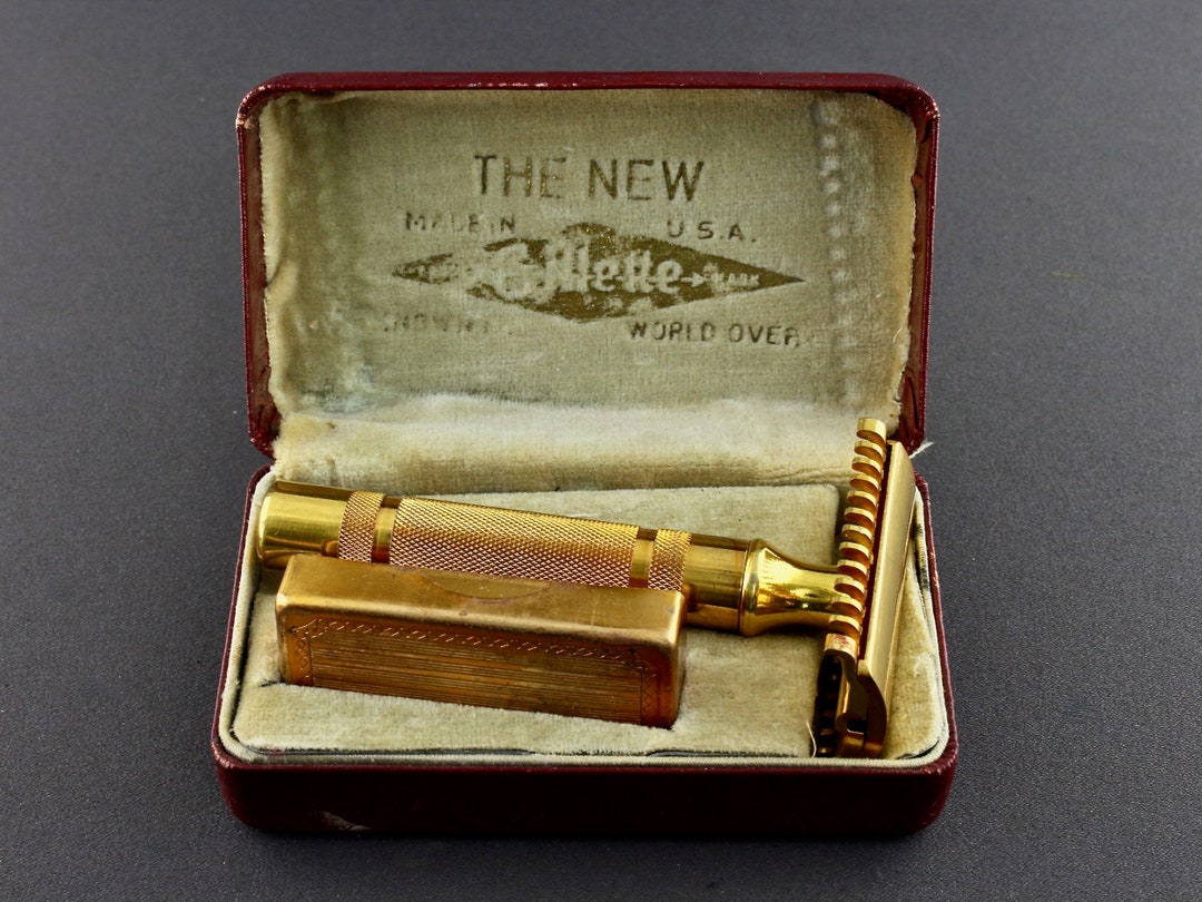 Vintage 1930s THE NEW Gillette Long Comb Gold Double Edge Safety Razor ...
