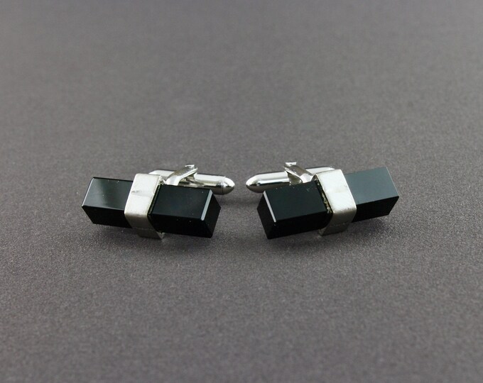 Vintage Swank Shiny Silver Tone and Black Onyx Long Square Offset ...