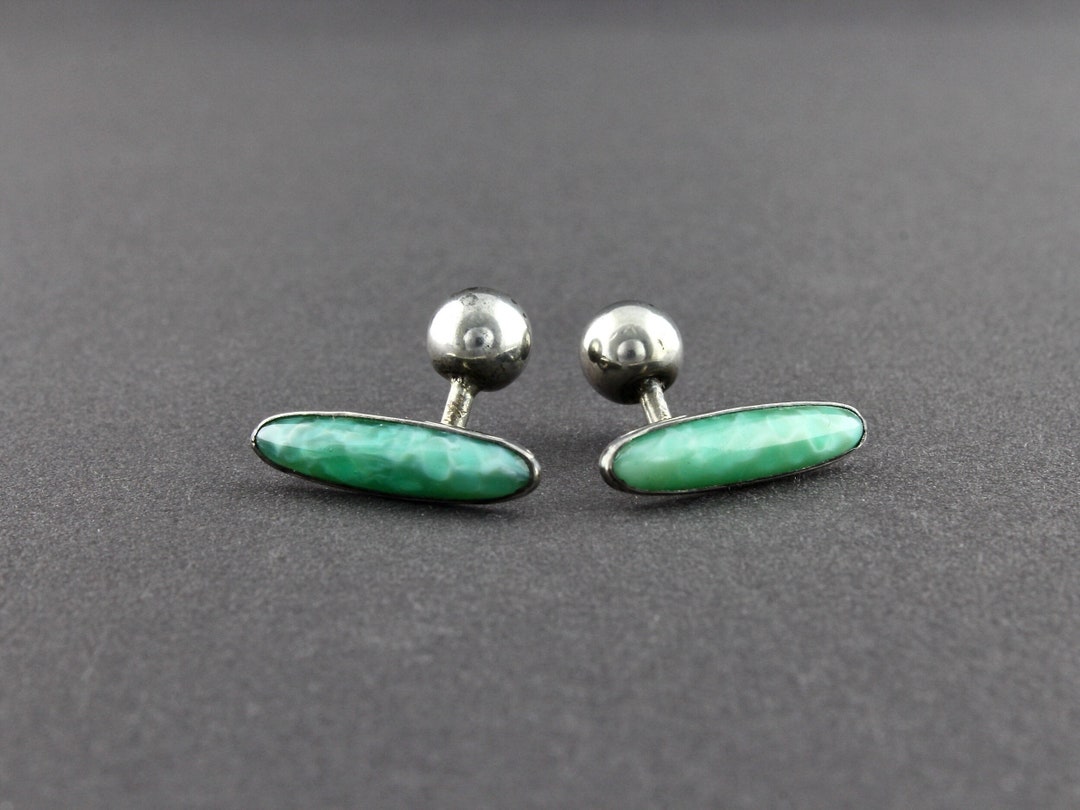 Vintage Art Deco Sterling Silver Light Green and White Mottled Jade ...