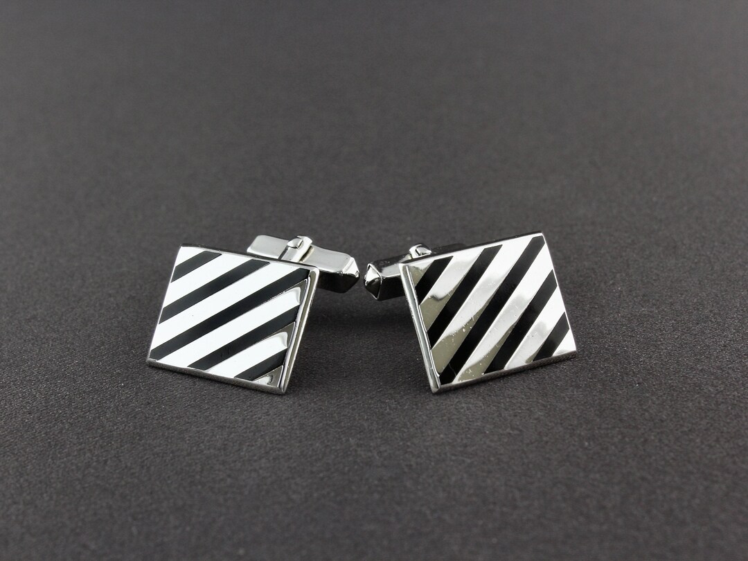 Vintage Swank Sterling Silver Black Enamel Diagonal Striped Rectangular ...