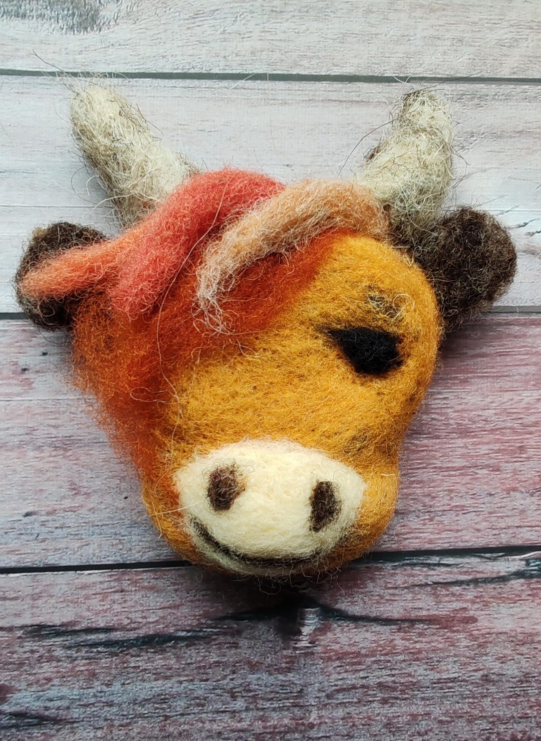 Needle Felted Highland Cow Brooch Pin, Brown and Burnt Orange Colours ...