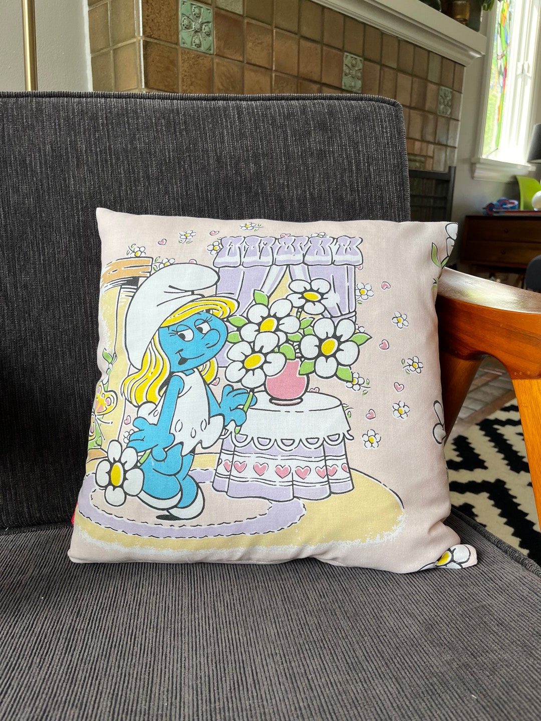 Vintage 1983 Smurfette Smurfs Fabric Zippered Pillowcase for a 16 X 16 ...