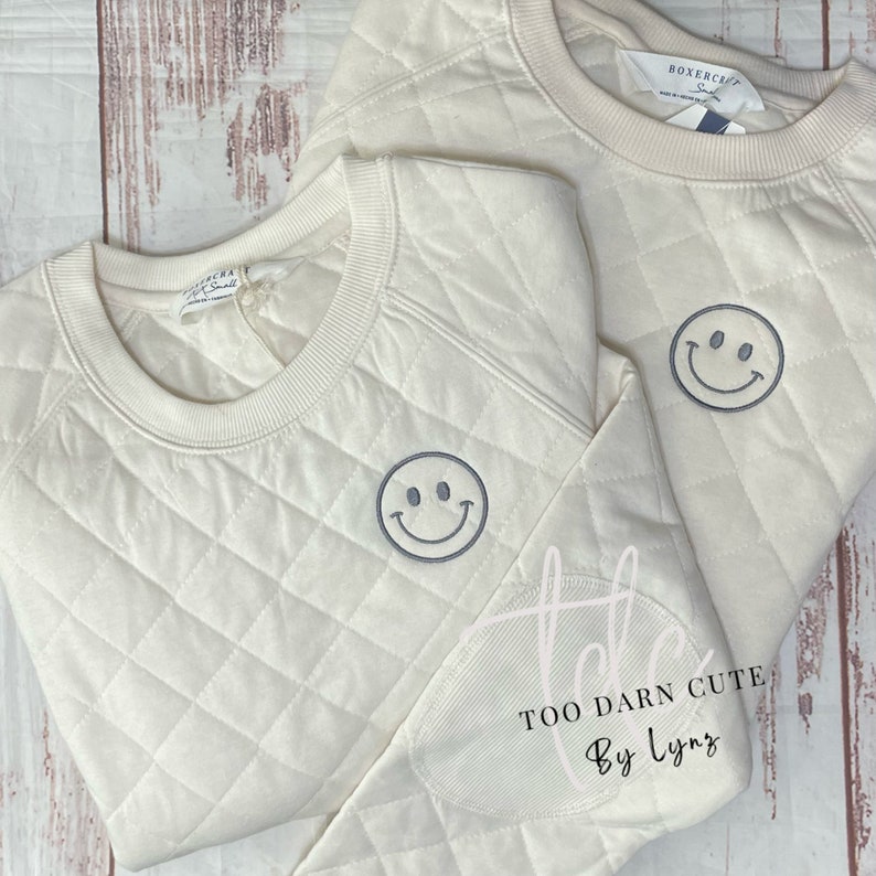 Smiley Face Machine Embroidery Quilted Pullover Crew Neck - Etsy