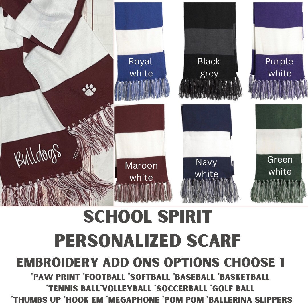 Personalized School Spirit Scarf With Fringe, Machine Embroidery, Team ...