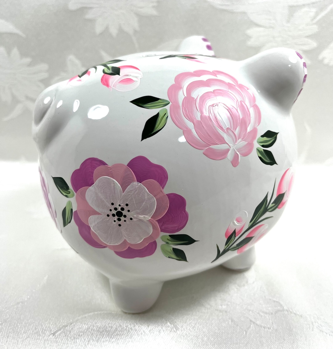 Piggy Bank, Pink Flower Piggy Bank, Personalized Bank, Hand Painted ...