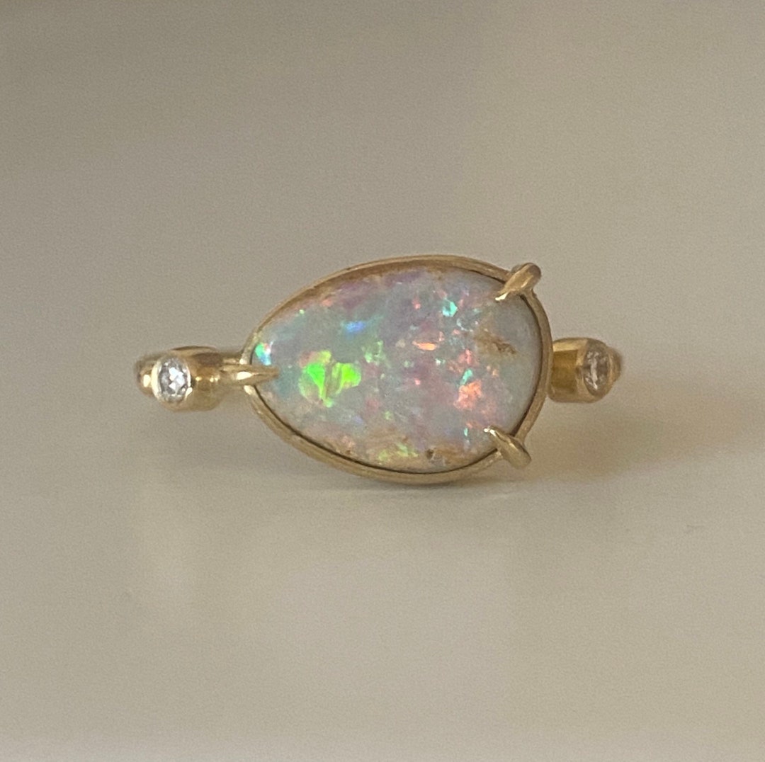 Rainbow Pipe Opal Ring 18k Yellow Gold Diamond - Etsy
