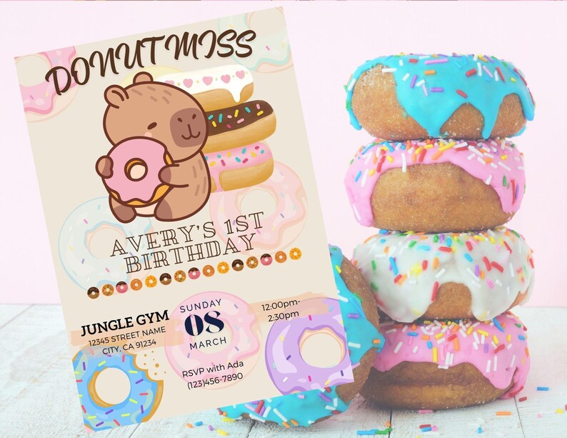 Donut Capybara Birthday Invitation | Canva Editable Template (digital ...