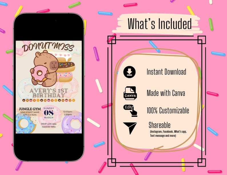 Donut Capybara Birthday Invitation | Canva Editable Template (digital ...