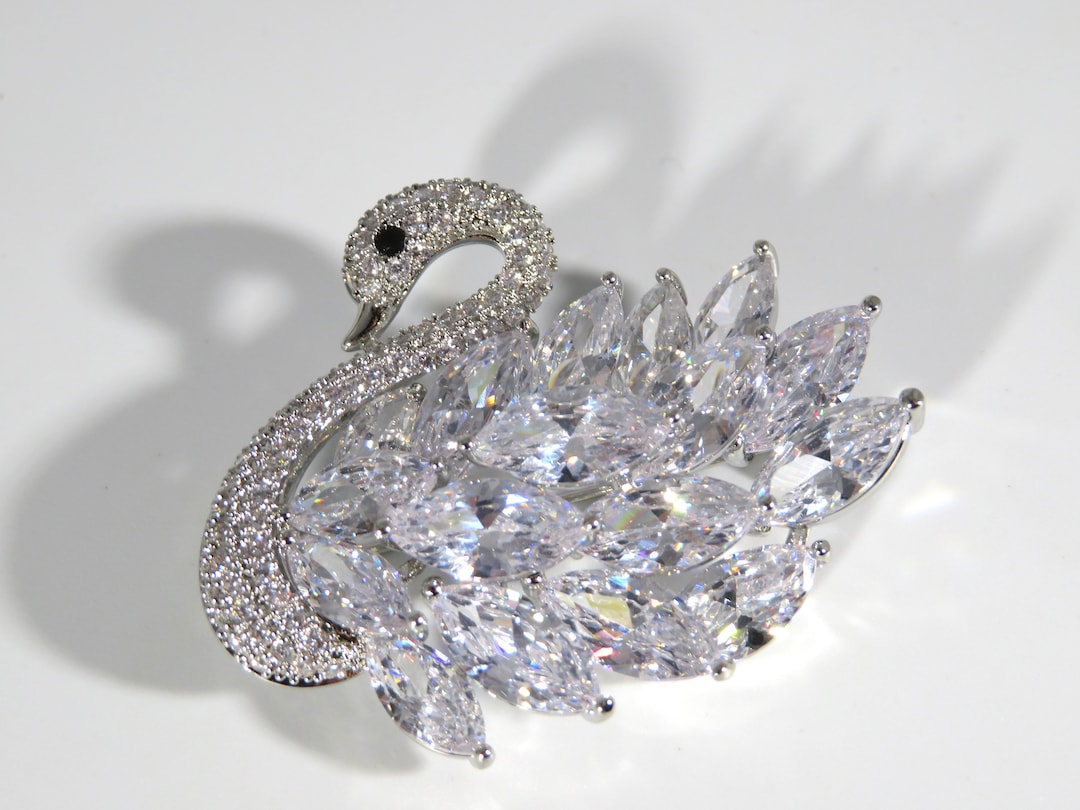 Swan Cubic Zirconia Brooch , Swan Brooch, Bird Brooch, Crystal Brooch ...