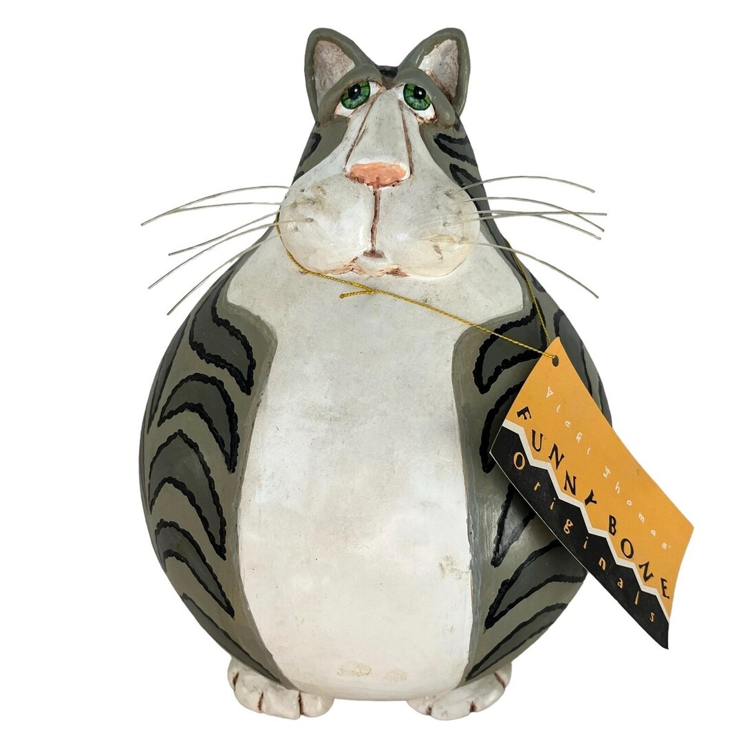 Vintage 1997 Striped Tabby Cat Gourd Funny Bone Vicki Thomas Grey White ...