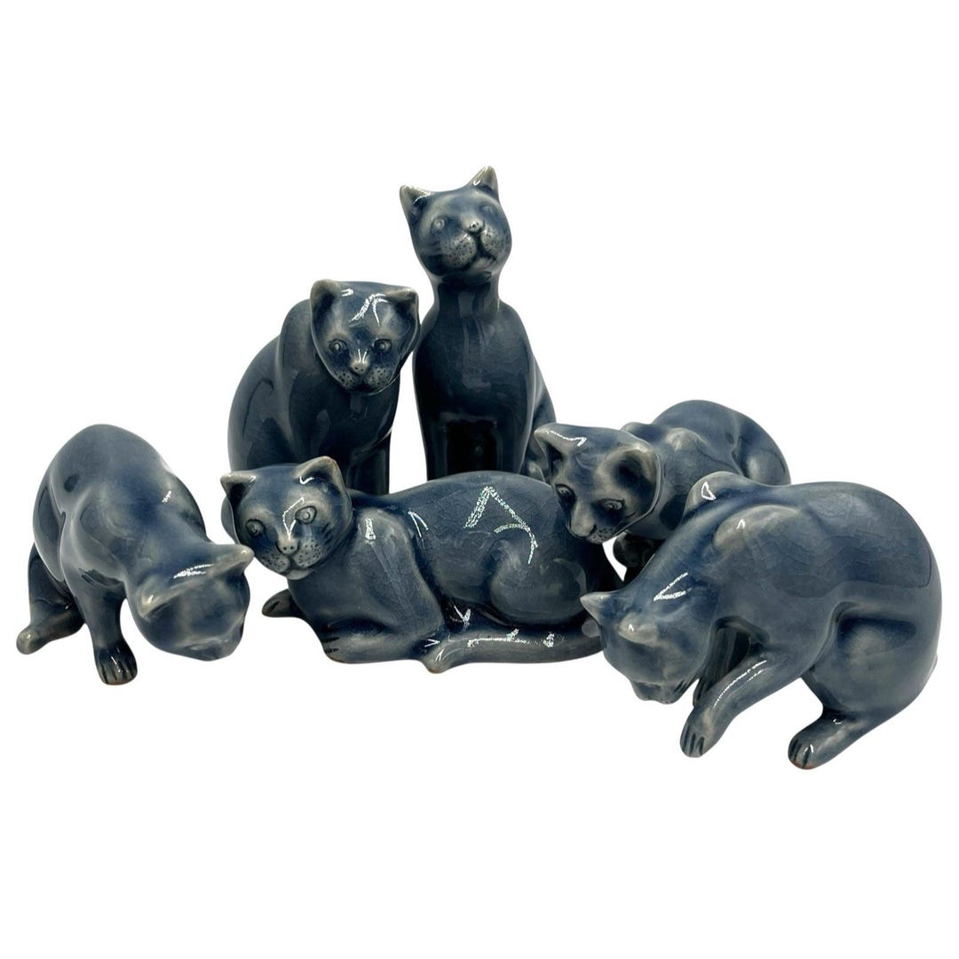 Thai Celadon Blue Glazed Crackle Ceramic Cat Figurine Lot of 6 Clowder ...