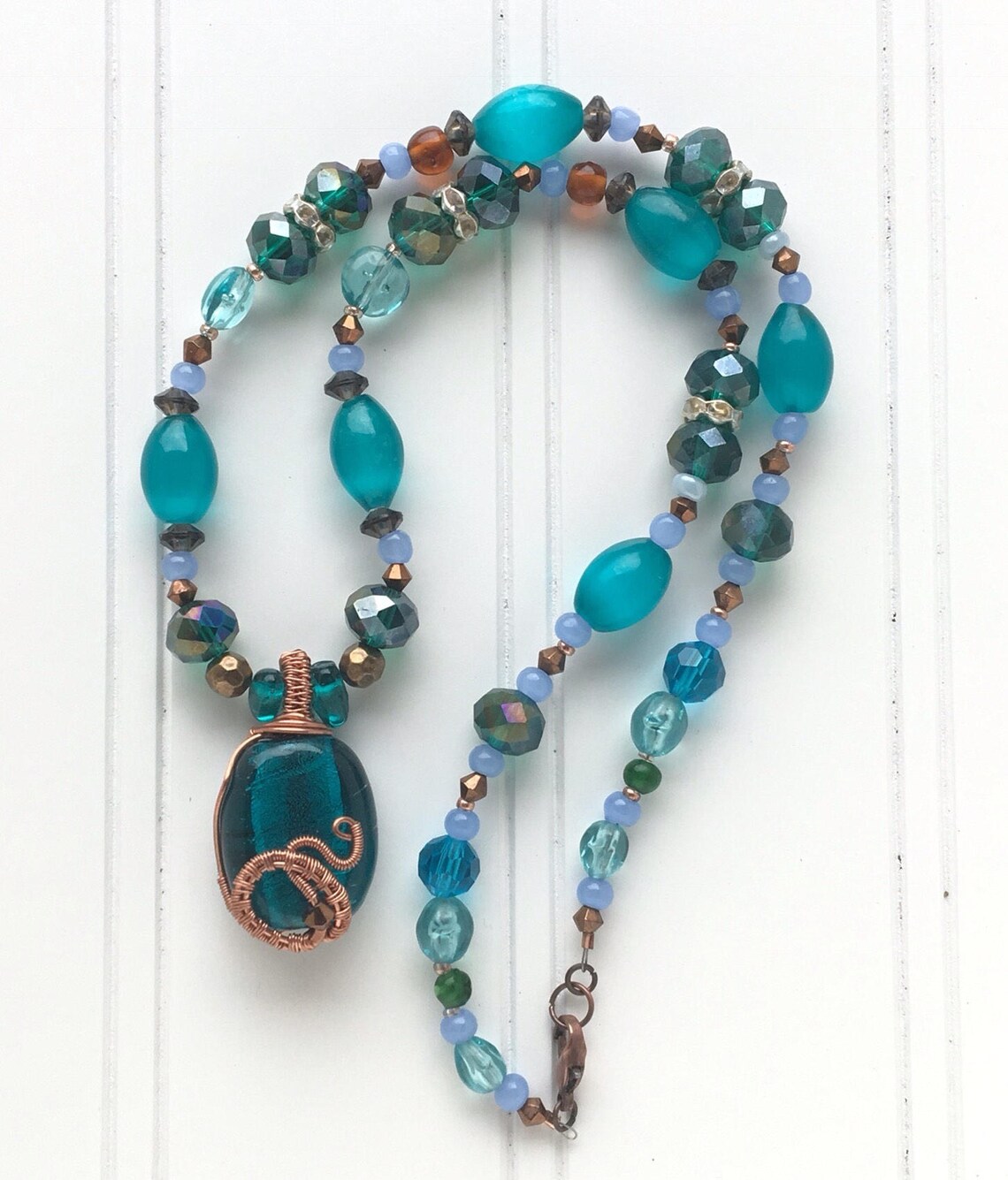 Copper Wire Wrapped Teal Pendant on a Beaded Chain - Etsy