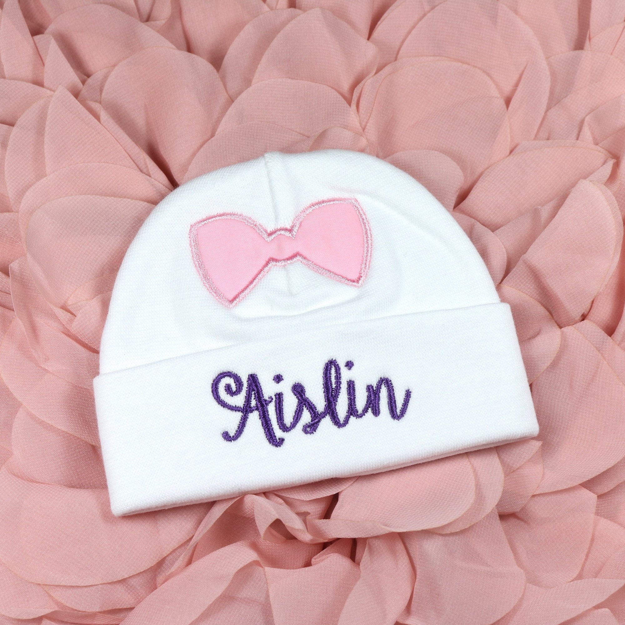 Personalized baby girl hat with pink bow - micro preemie / preemie ...