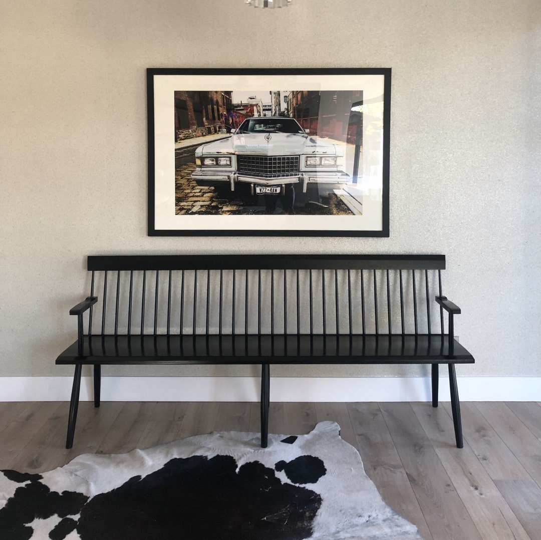 EBONIZED SPINDLE BENCH With Arms, Black Shaker Style Bench, Windsor ...