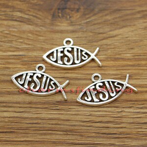 20pcs Religious Charms Jesus Fish Charm Antique Silver Tone 30x17mm ...