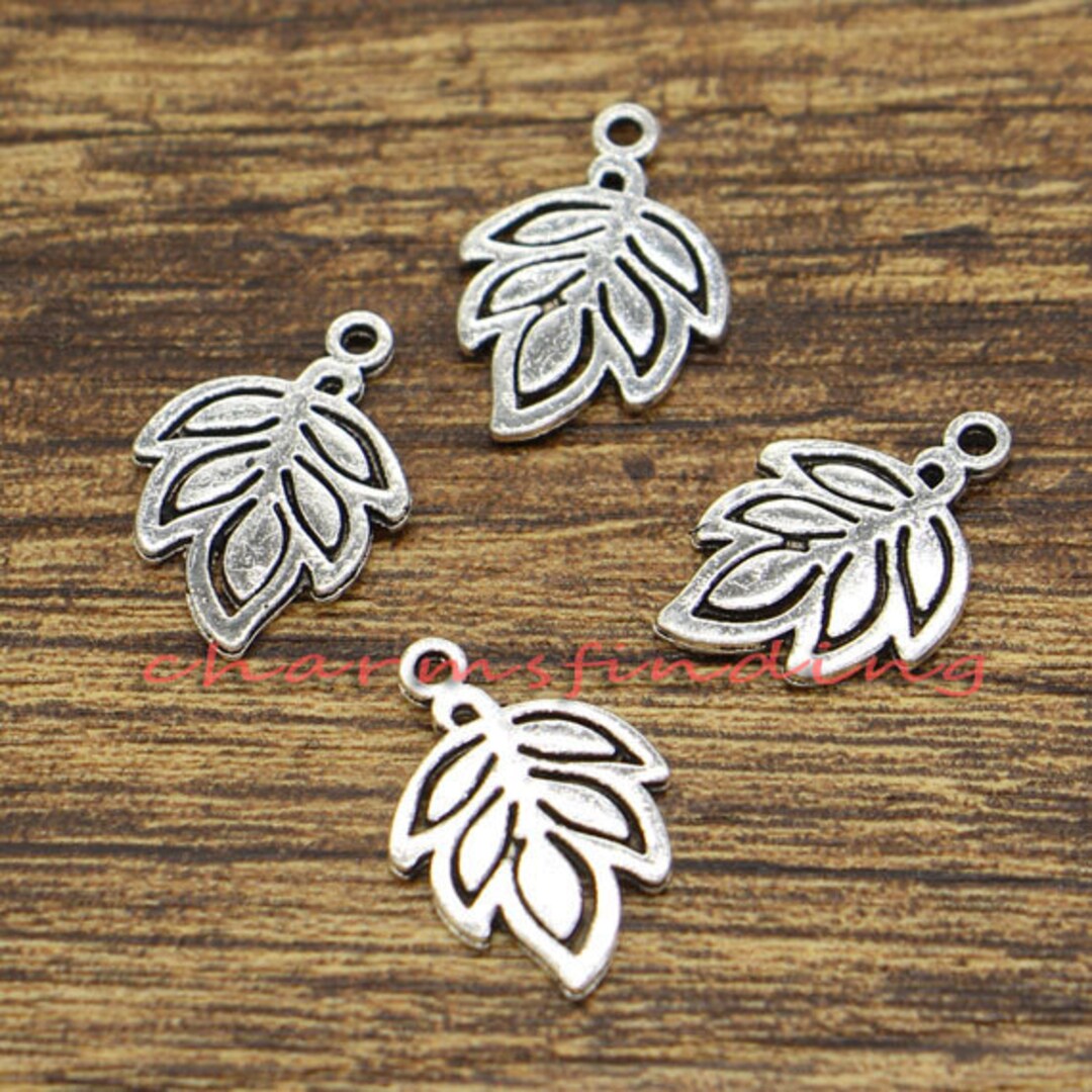 50pcs Leaf Charms Tree Leaves Charms 2 Sided Charm Antique Silver Tone ...