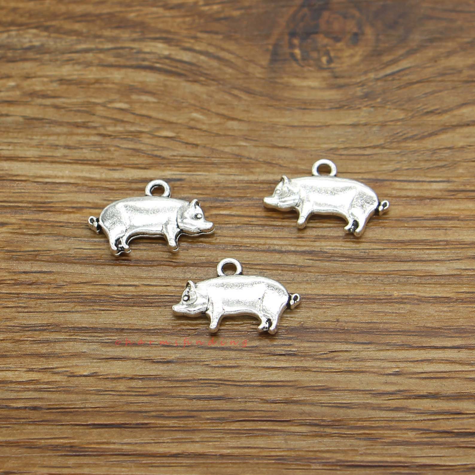 25pcs Pig Charms Double Sided Animal Charms Antique Silver Tone 19x12mm ...