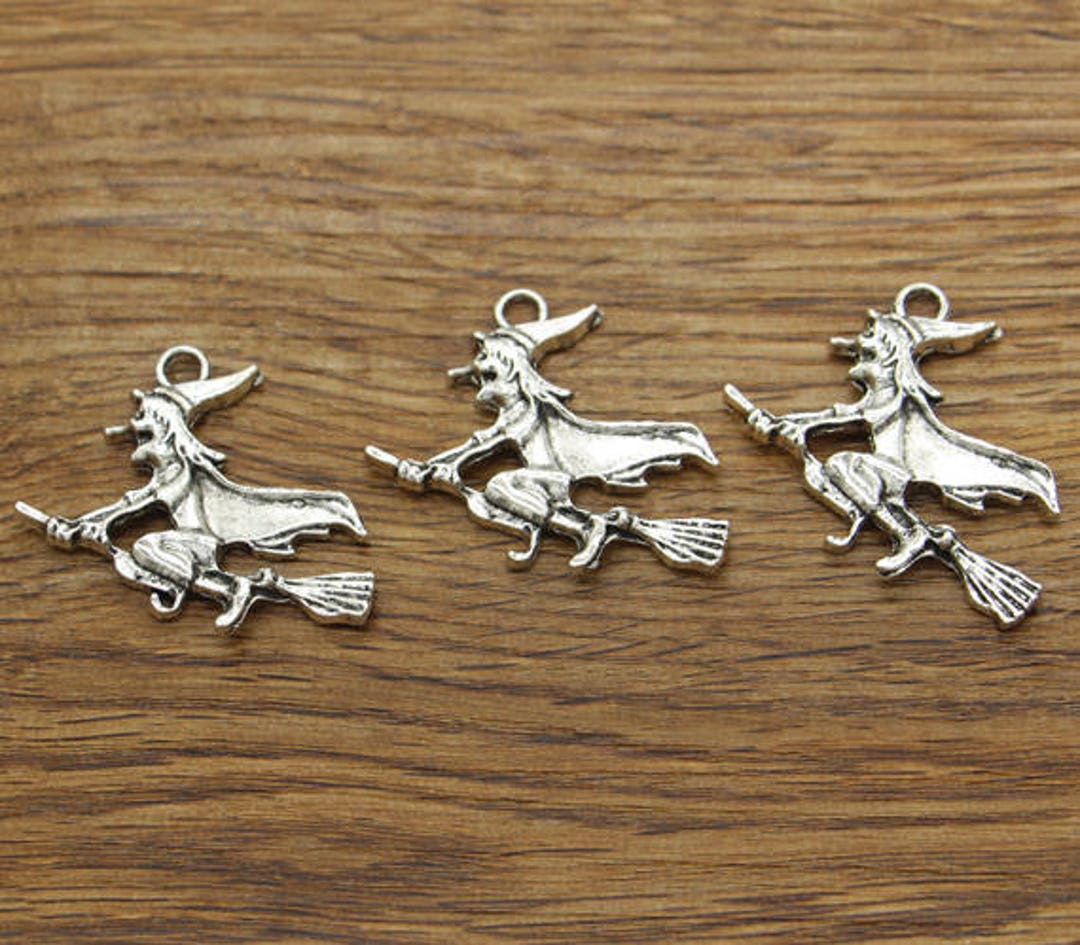 15pcs Witch Charms Witch Riding Broom Charms Antique Silver Tone ...