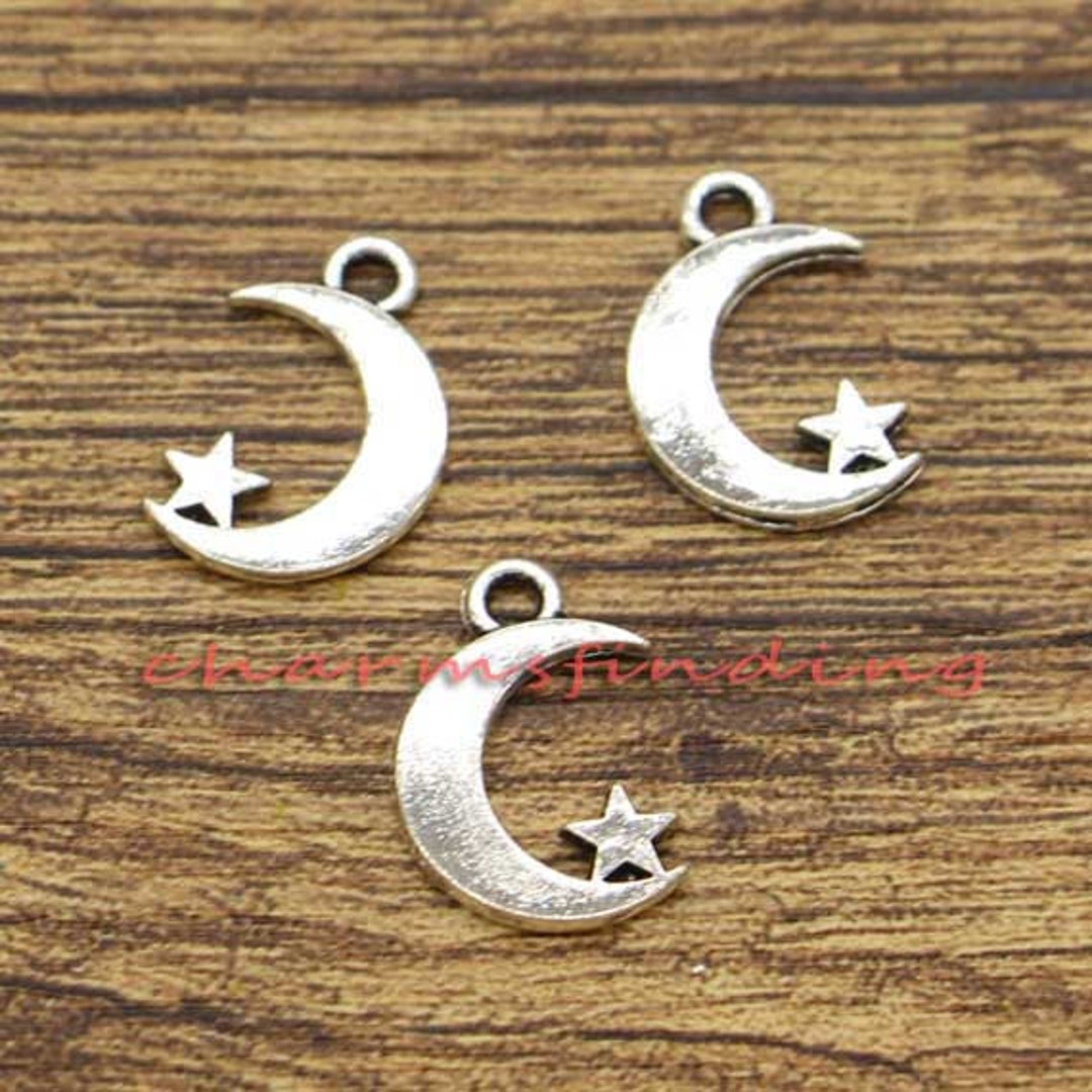 50pcs Moon and Star Charms 2 Sided Charms Antique Silver Tone 11x17mm ...