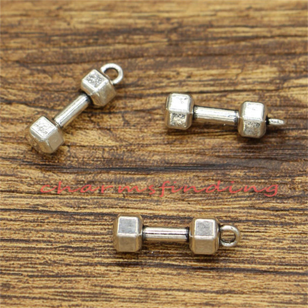 20pcs Barbell Charms 3D Fitness Charm Antique Silver Tone 21x7x6mm ...