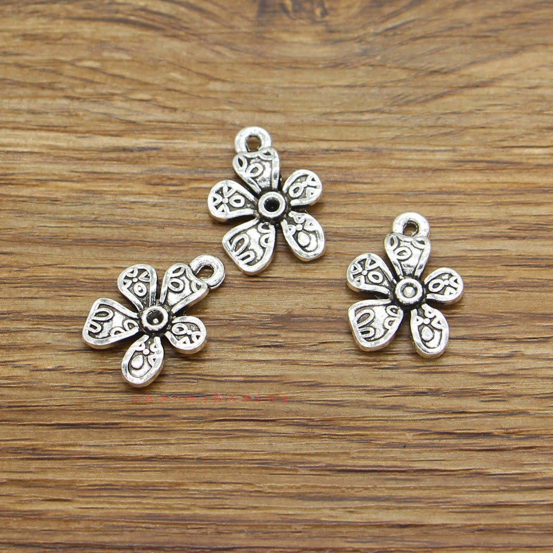 15pcs Flower Charms Floral Plant Charms Antique Silver Tone 16x21mm ...