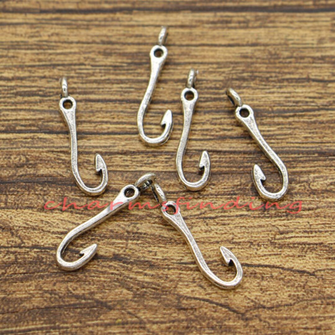 100pcs Fishing Hook Charms Hook Charms Antique Silver Tone 20x5mm ...