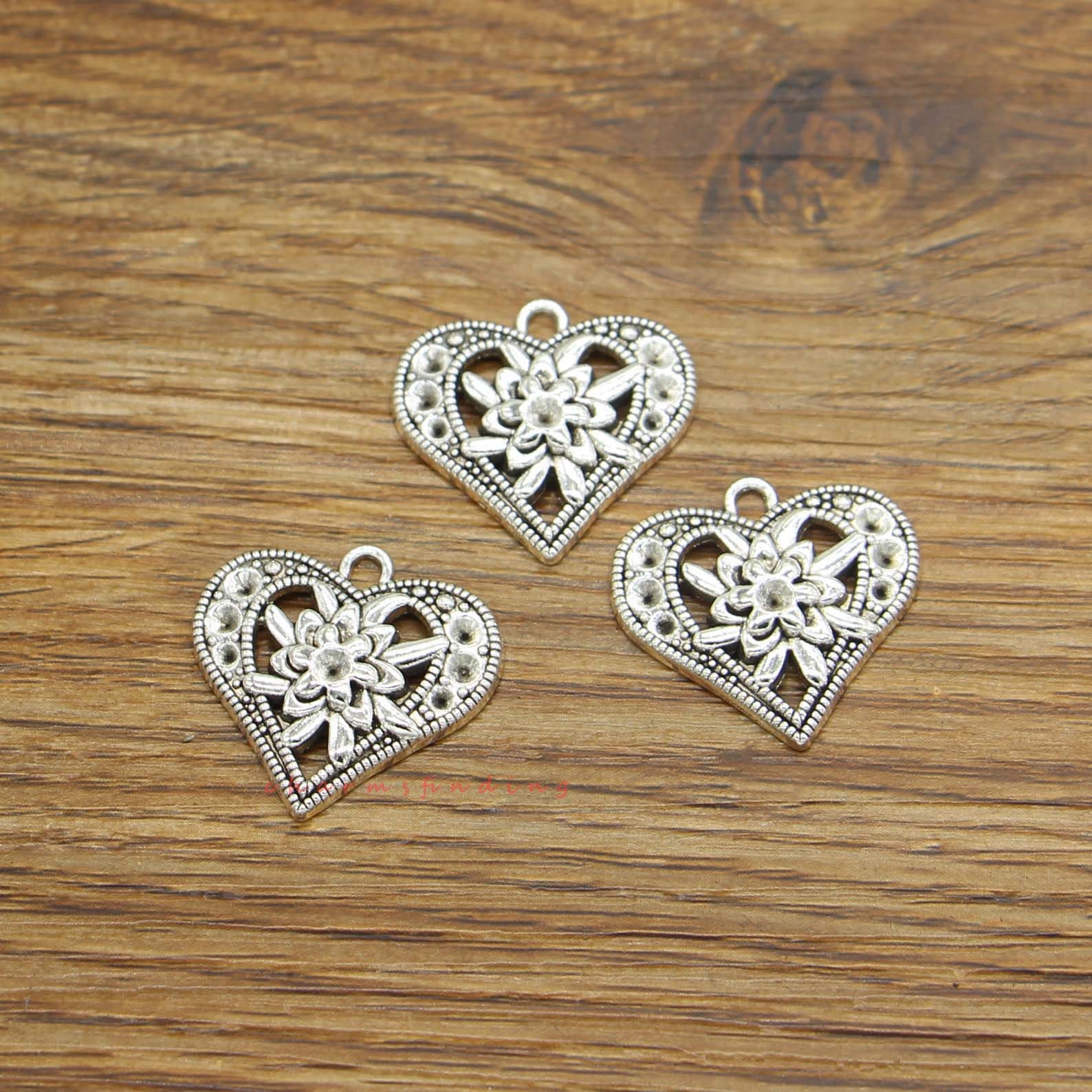 10pcs Floral Heart Charms Heart Flower Charms Antique Silver | Etsy